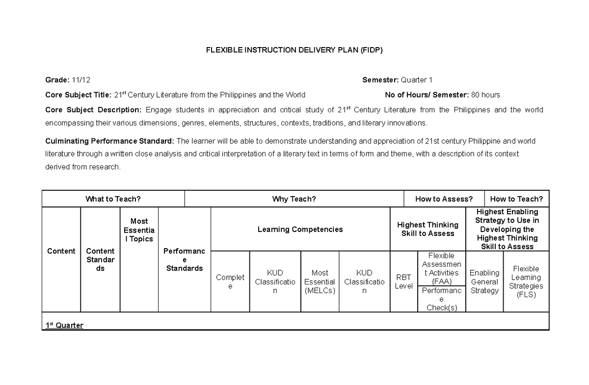 21ST Century - easy - FLEXIBLE INSTRUCTION DELIVERY PLAN (FIDP) Grade ...