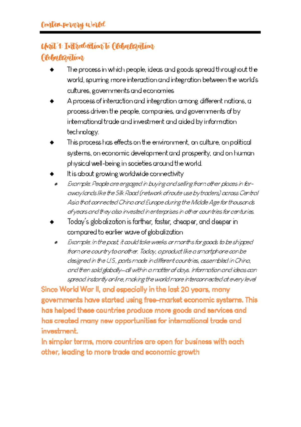 Contempo 1 Globalization - Unit 1: Introduction to Globalization Globalization The process in ...