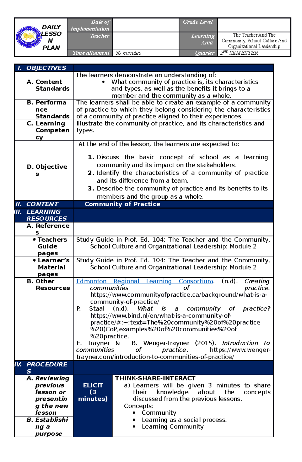 Lesson Plan Module 5 LA 5 1 - DAILY LESSO N PLAN Date of Implementation ...
