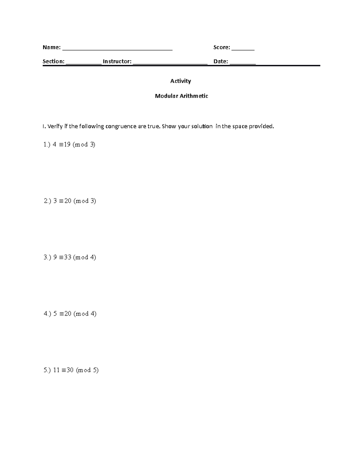 Activity Modular Arithmetic 1 - Name: __________________________________ Score: _______ Section ...