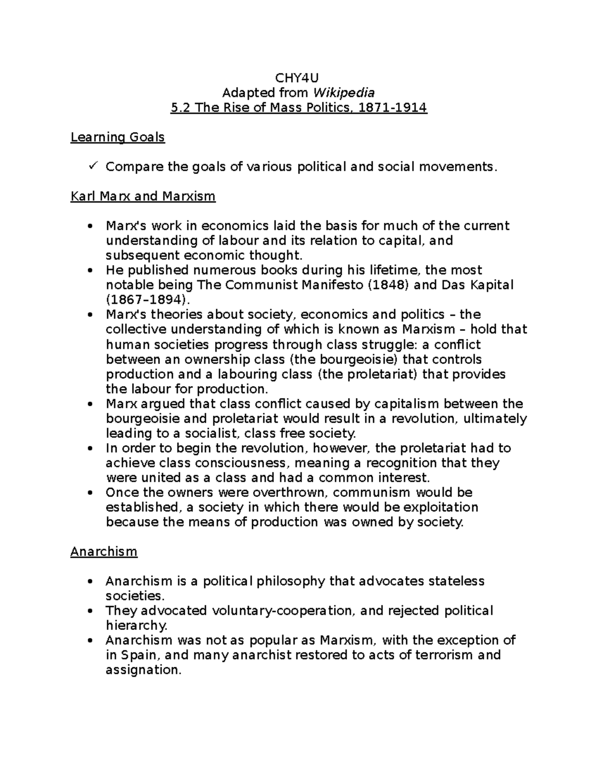 5.2 The Rise of Mass Politics, 1871-1914 Notes - CHY4U Adapted from ...