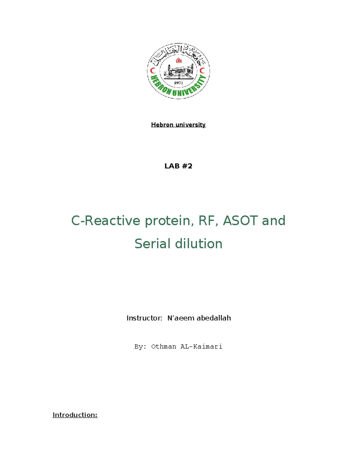 Lab 2 immuonology - blood gases - Hebron university LAB C-Reactive ...