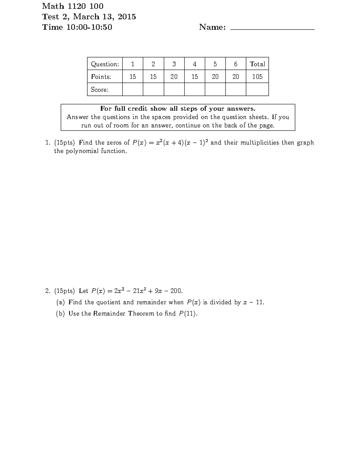 Test2 1120 100 - Test 2 - Math 1120 100 Test 2, March 13, 2015 Time 10: ...