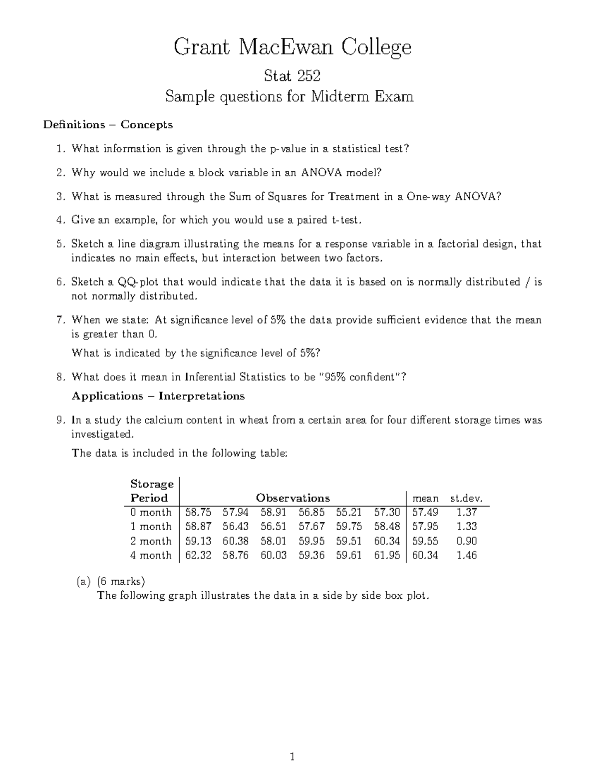 Seminar assignments - Sample questions for midterm exam stat 252 - definitions and concepts ...