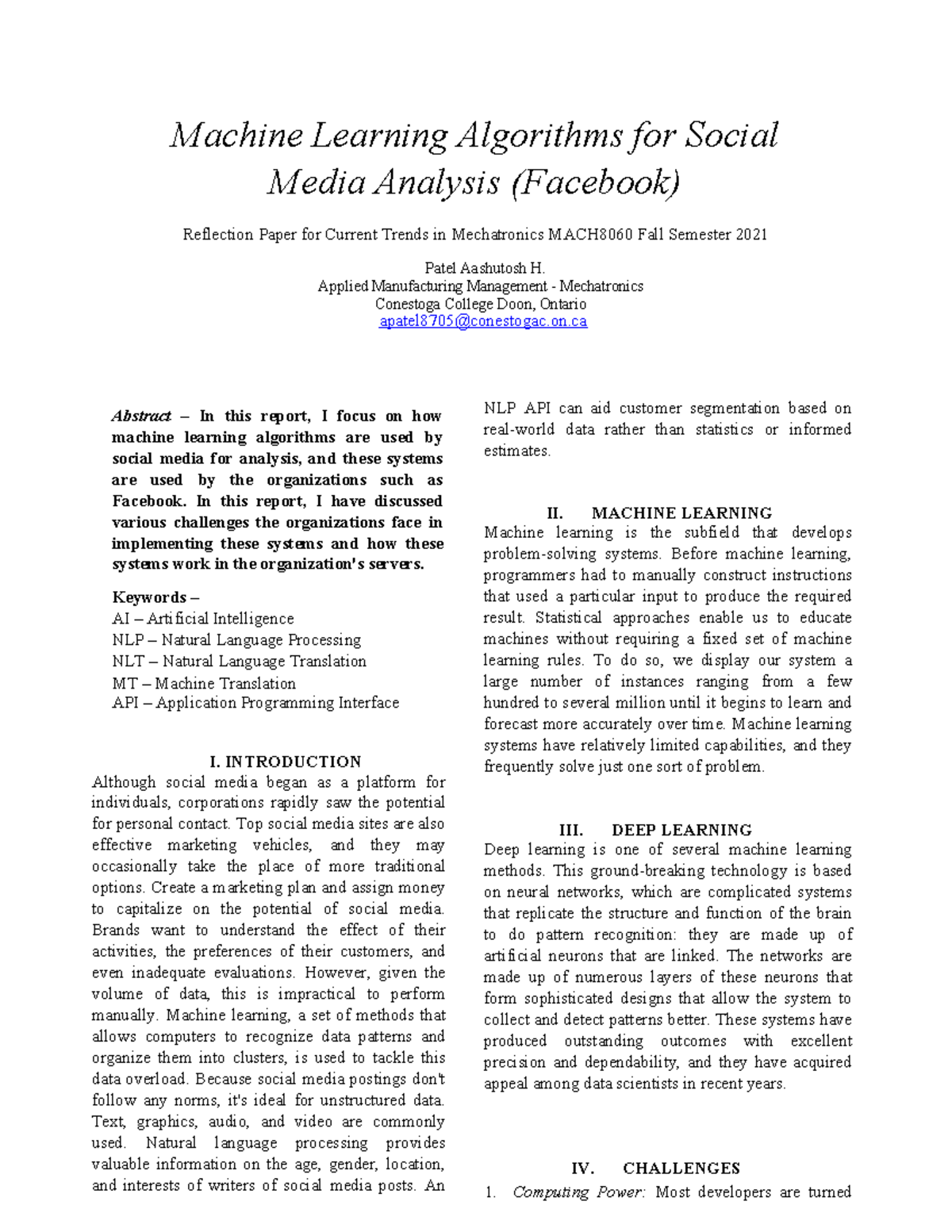 Reflection Paper - Machine Learning Algorithms for Social Media ...