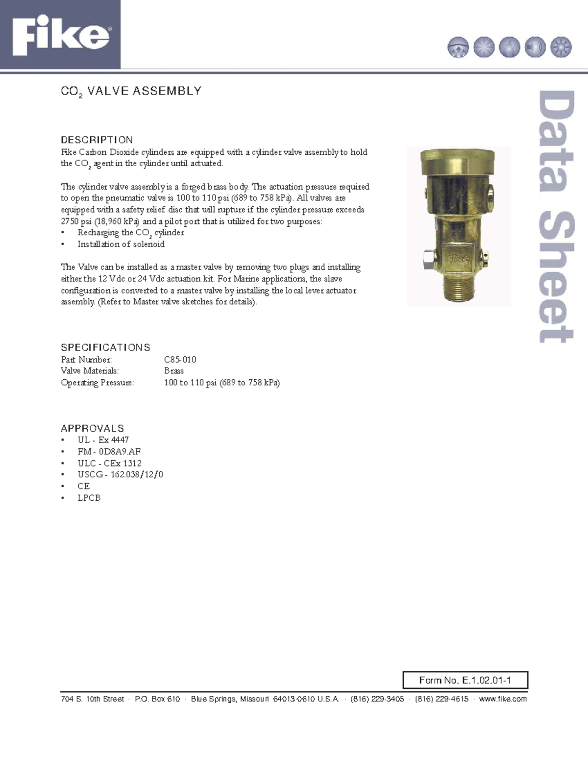 E.1.02.01 Cylinder Valve Assembly - CO 2 VA LV E A SSEM B LY DESCRI PT ...