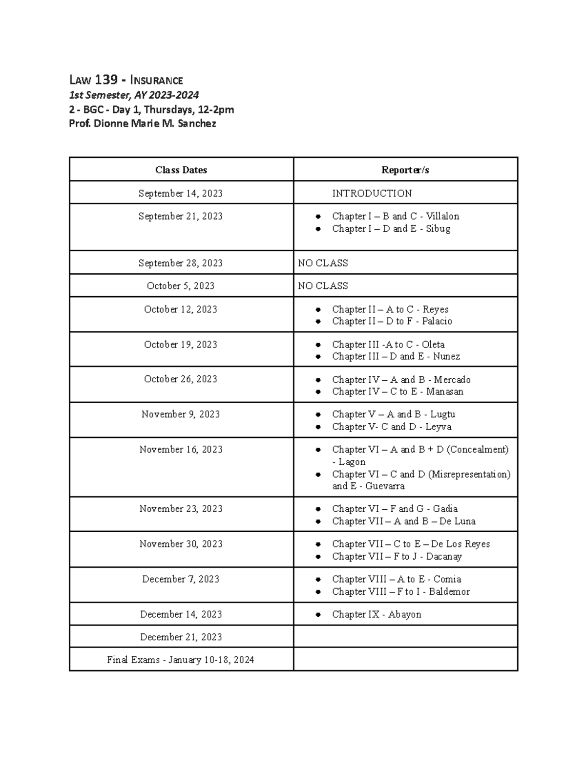 Class-Schedule-Law-139-Insurance-1st-Semester-2023-2024 Assignments ...