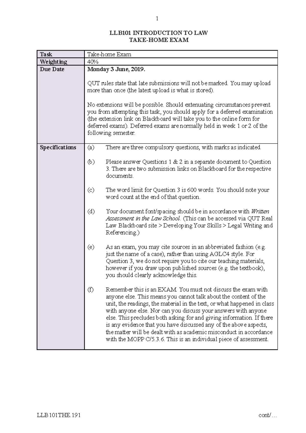 LLB101 - Take Home Exam Task Sheet - 1 LLB101 INTRODUCTION TO LAW TAKE ...
