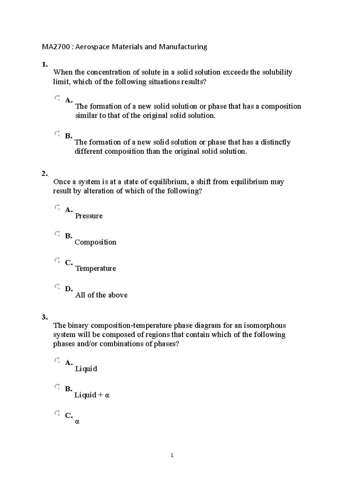 Phase diagrams wiley MCQ - MA2700 : Aerospace Materials and ...