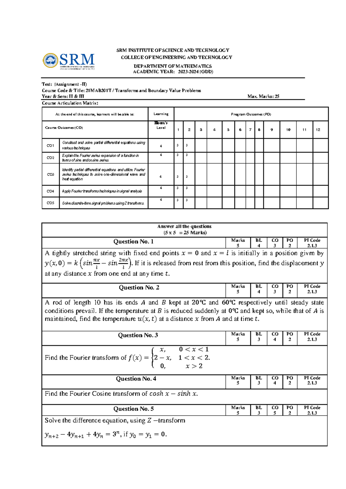 Assignment 2 -Non CSE-21MAB201T - SRM INSTITUTE OF SCIENCE AND TECHNOLOGY COLLEGE OF ENGINEERING ...
