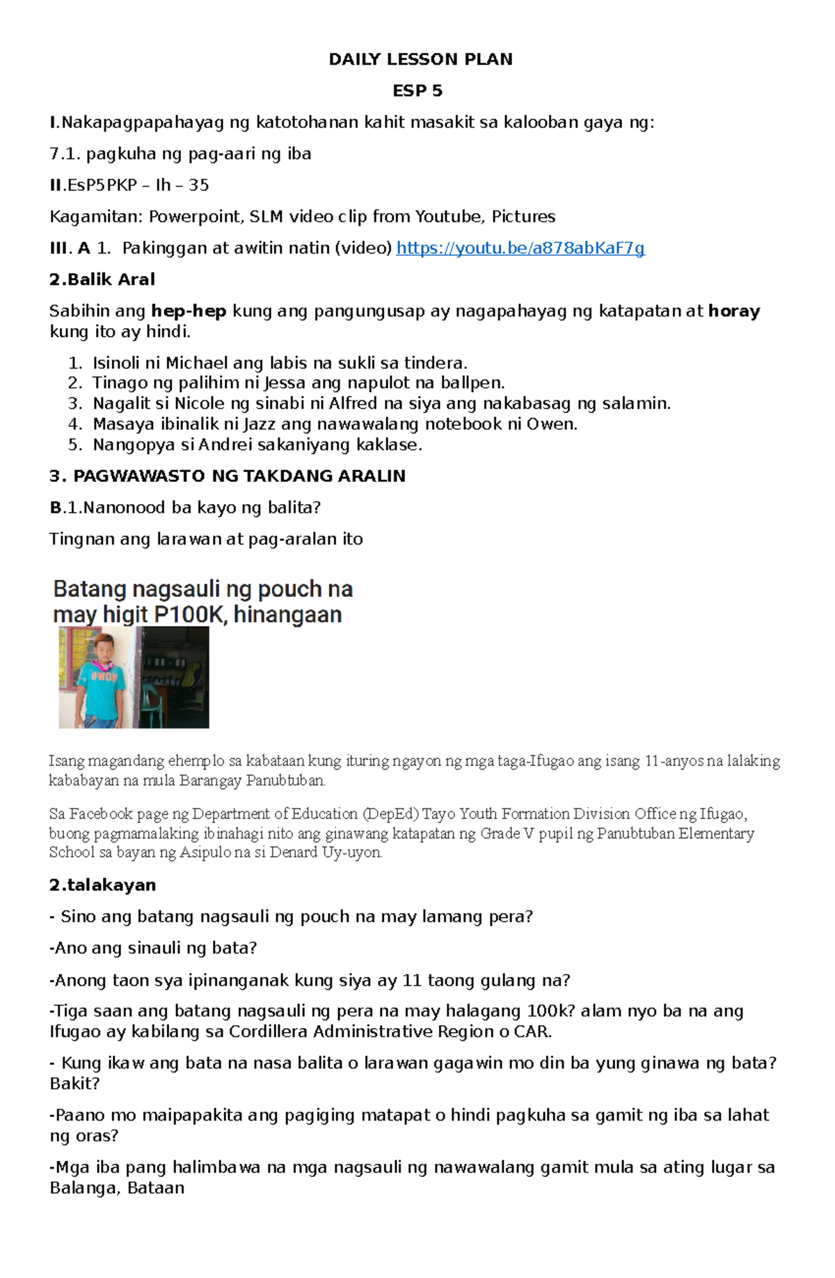 Ebner ESP - DAILY LESSON PLAN ESP 5 I ng katotohanan kahit masakit sa ...