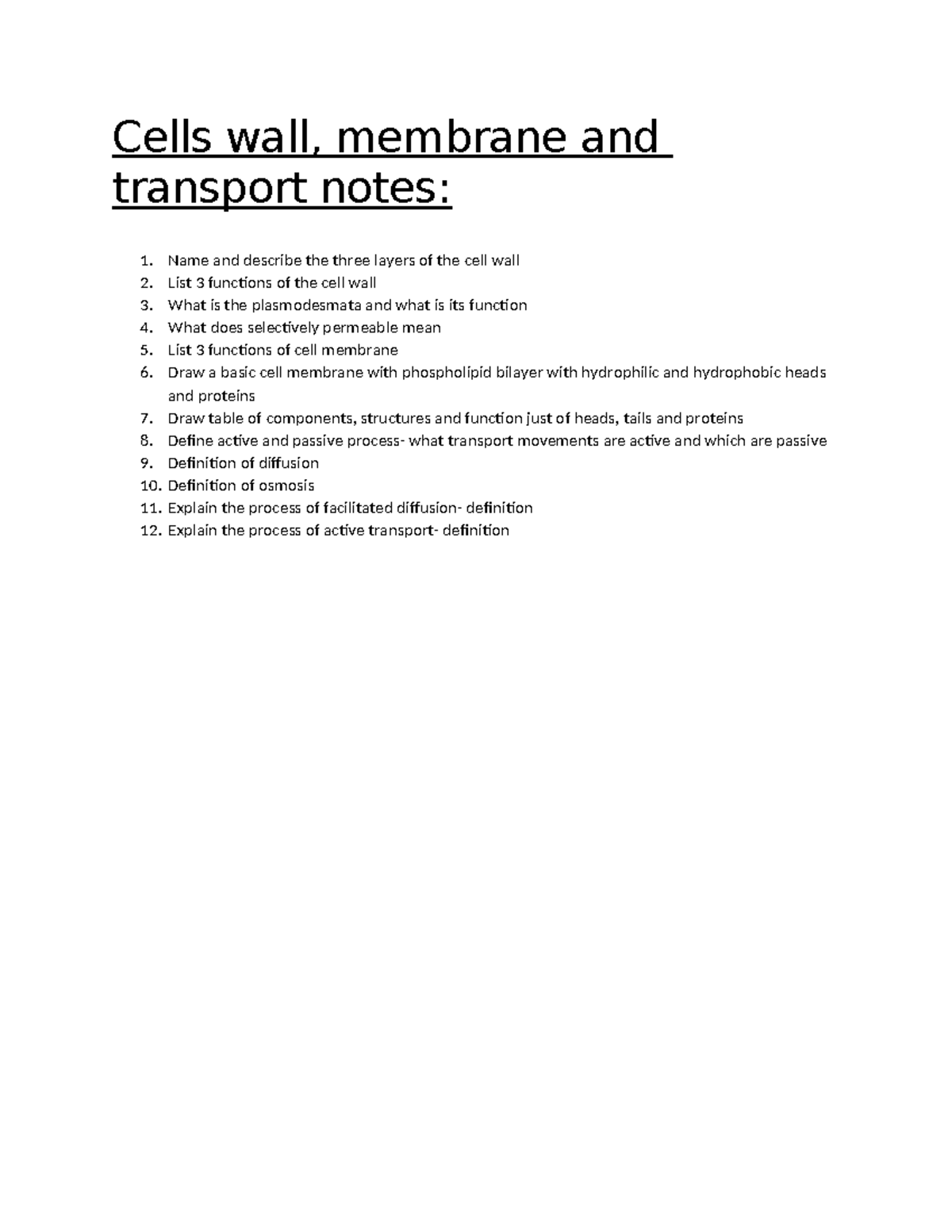Cell transport questions - Cells wall, membrane and transport notes: 1 ...