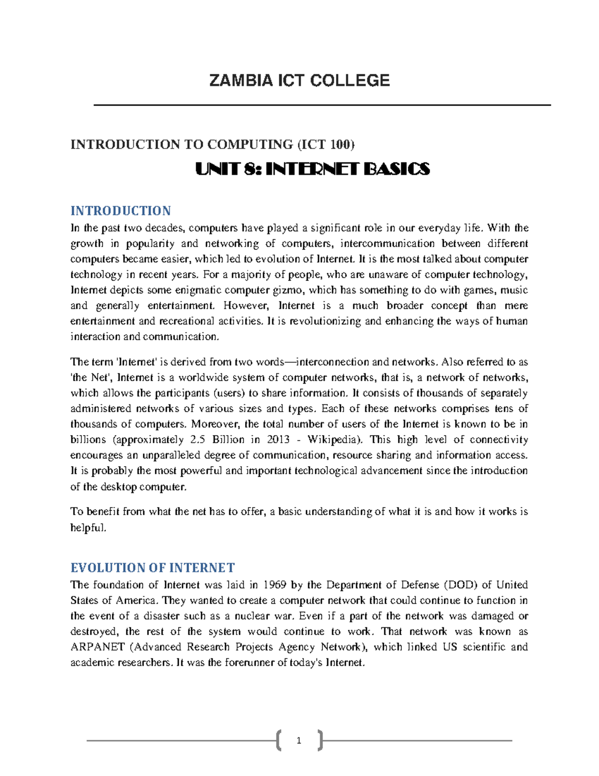UNIT 8 - Internet Basic - Great work - ZAMBIA ICT COLLEGE INTRODUCTION ...
