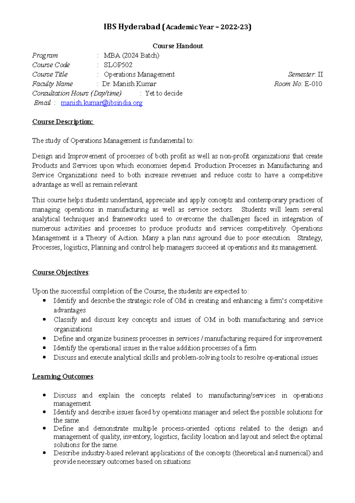 Course Handout OM 2022-23 - Course Handout Program : MBA (2024 Batch ...