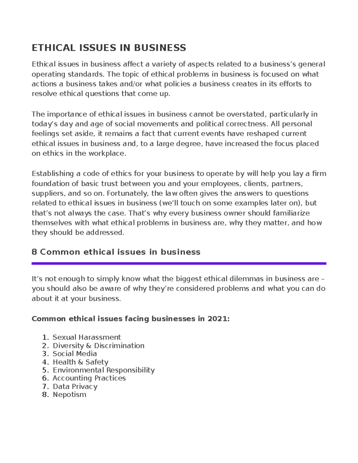 Business Ethics Output 6 - ETHICAL ISSUES IN BUSINESS Ethical issues in ...