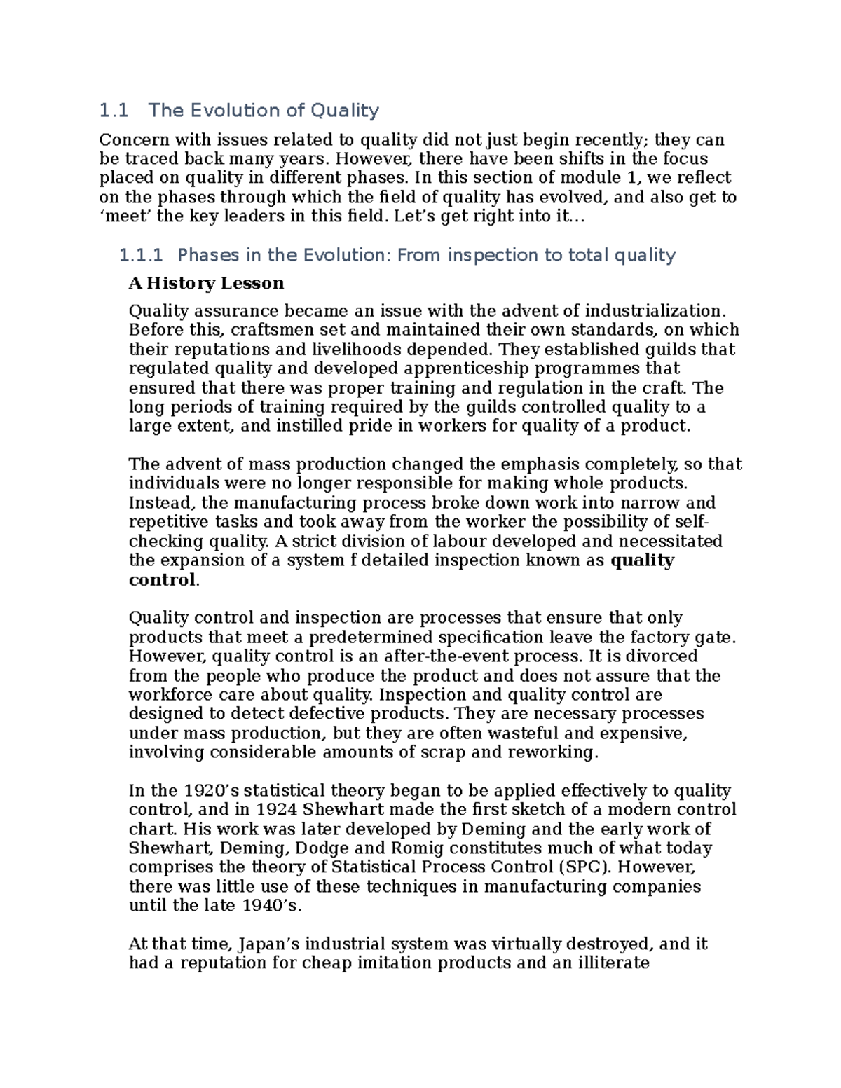 The Evolution of Quality Topic 1 - 1 The Evolution of Quality Concern ...