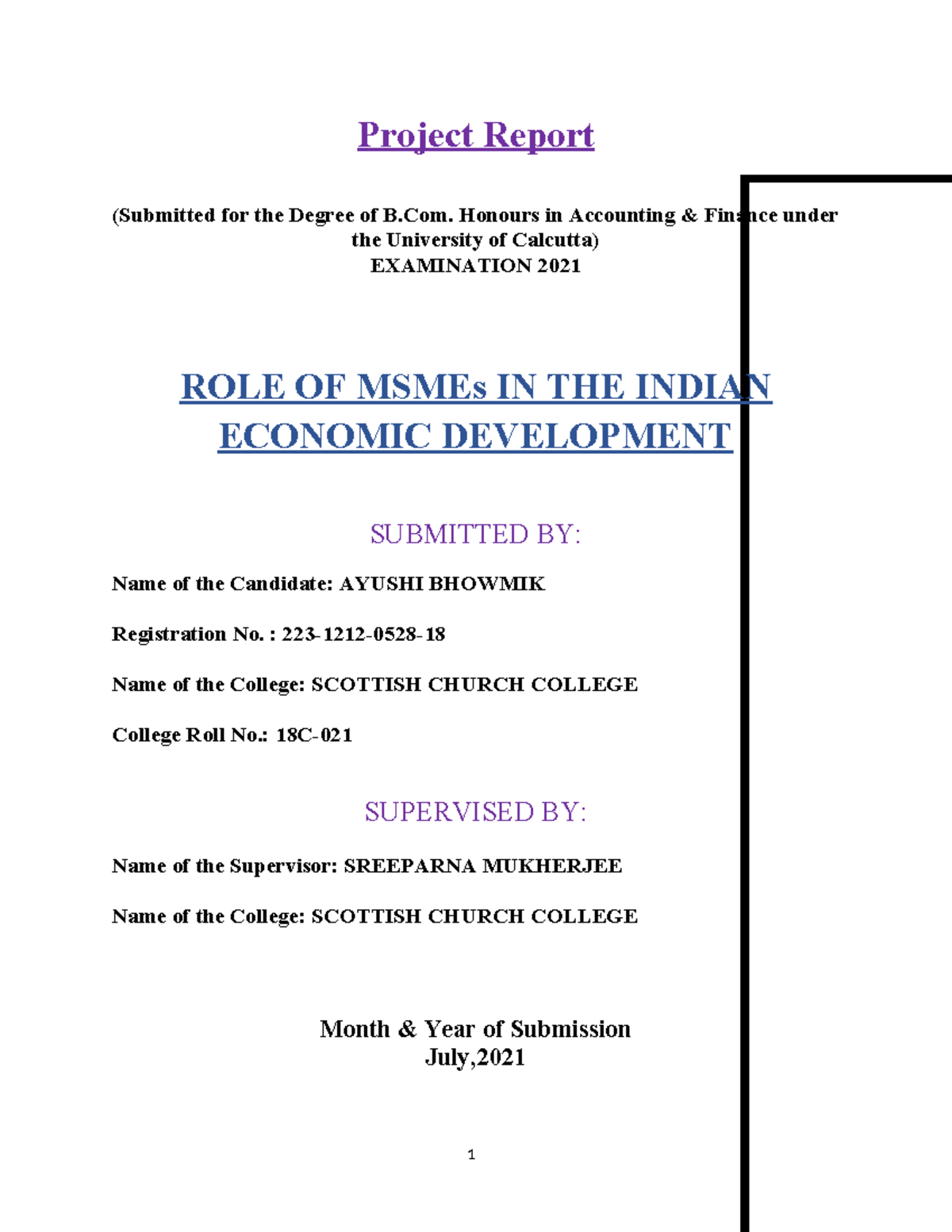 MSME - Project Report (Submitted for the Degree of B. Honours in ...