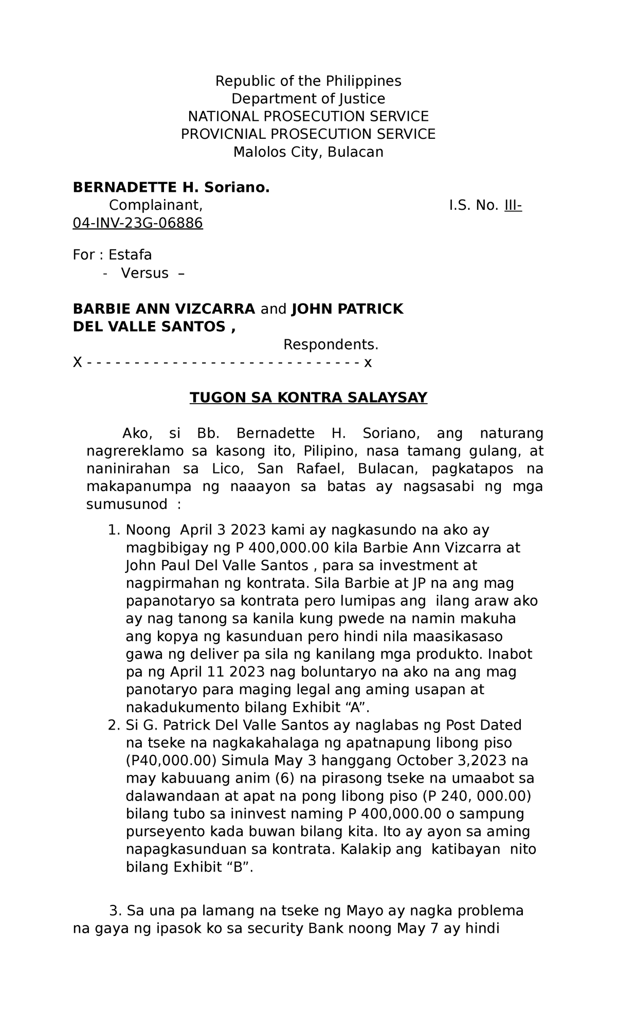 Tugon-sa-kontra-salaysay latest version - Republic of the Philippines ...