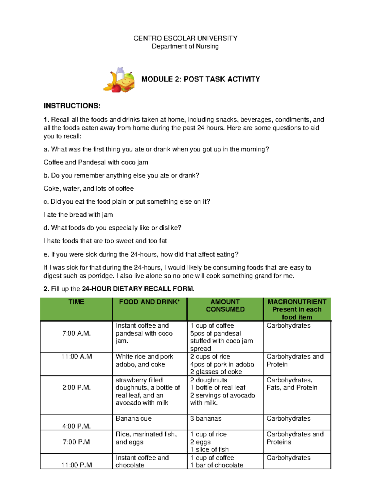 Nutrition. POST TASK (Mancuyas) - CENTRO ESCOLAR UNIVERSITY Department ...