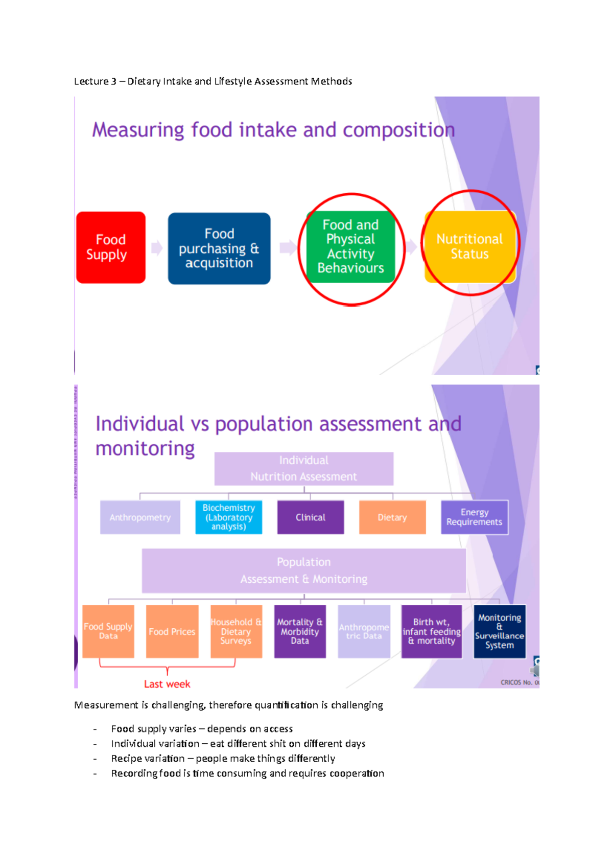 Lecture 3 – Dietary Intake and Lifestyle Assessment Methods - Lecture 3 ...