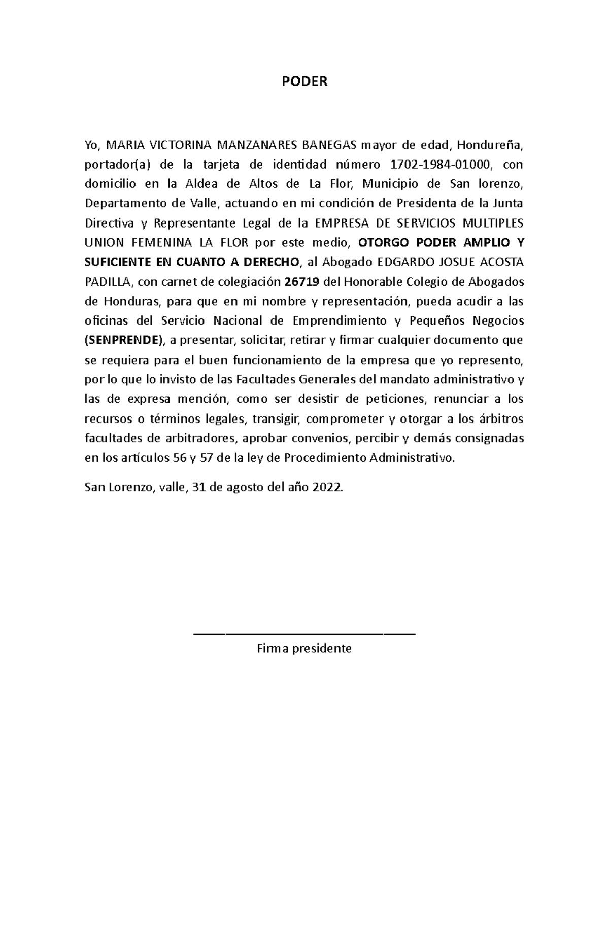(2.F) Formato Carta Poder - PODER Yo, MARIA VICTORINA MANZANARES BANEGAS mayor de edad ...