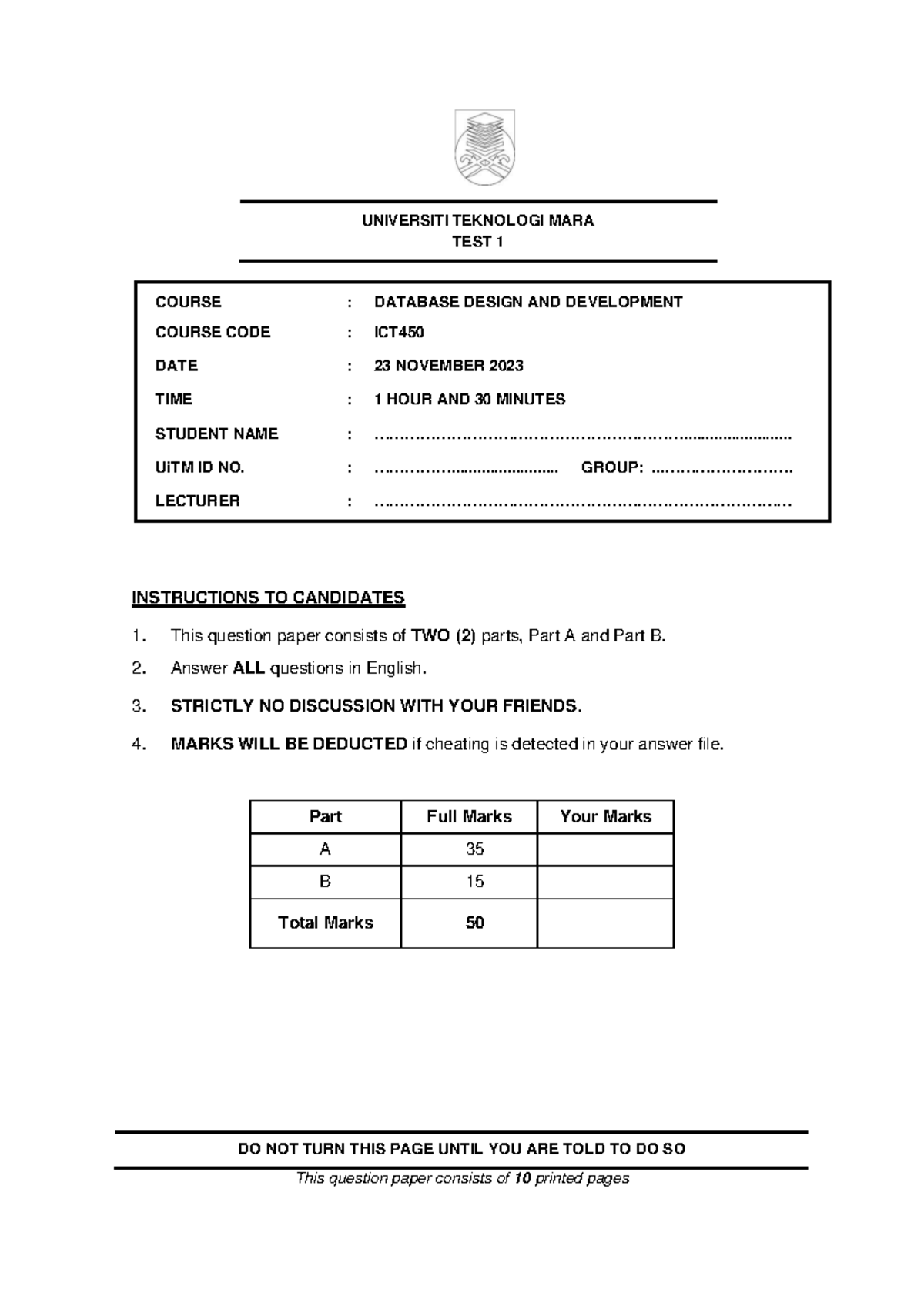 TEST ICT450 NOV2023 - UNIVERSITI TEKNOLOGI MARA TEST 1 COURSE ...