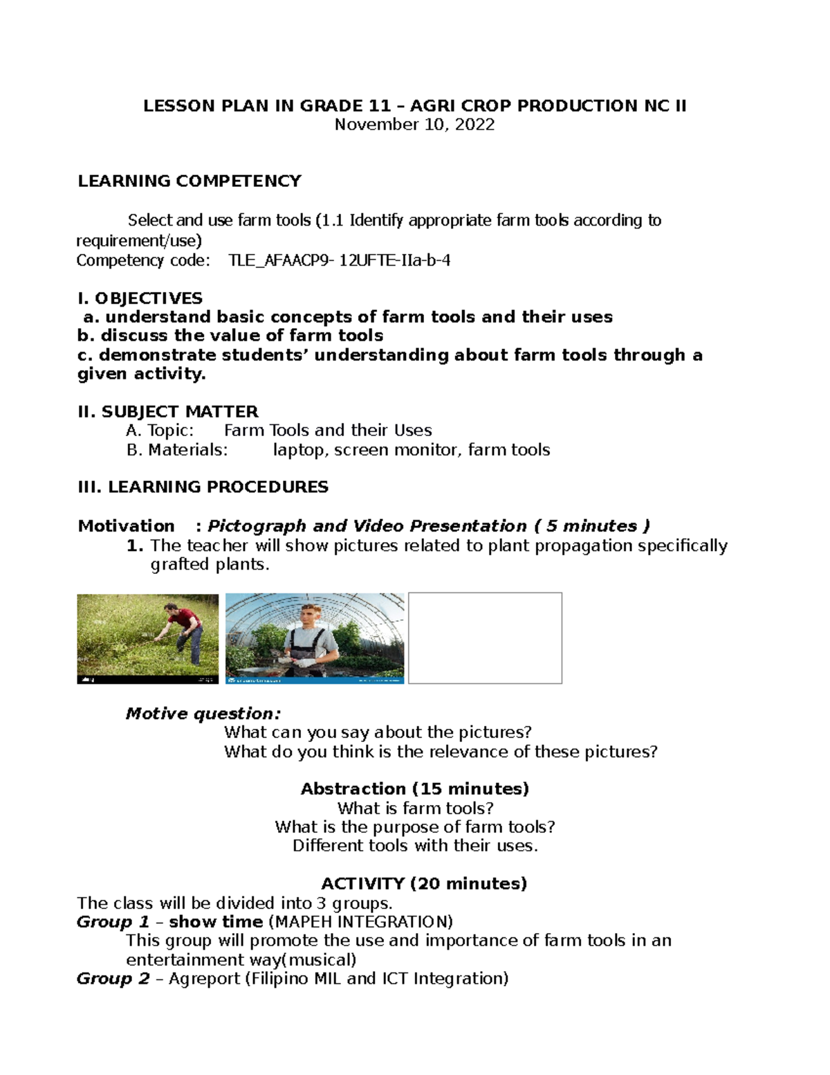 ACP- farm tools and its uses - LESSON PLAN IN GRADE 11 – AGRI CROP ...