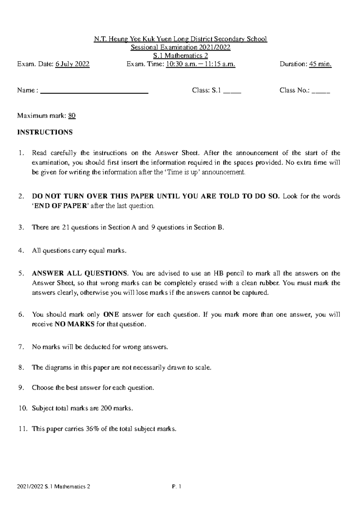 2122 Sessional Exam S1 Maths Paper 2 - N. Heung Yee Kuk Yuen Long ...