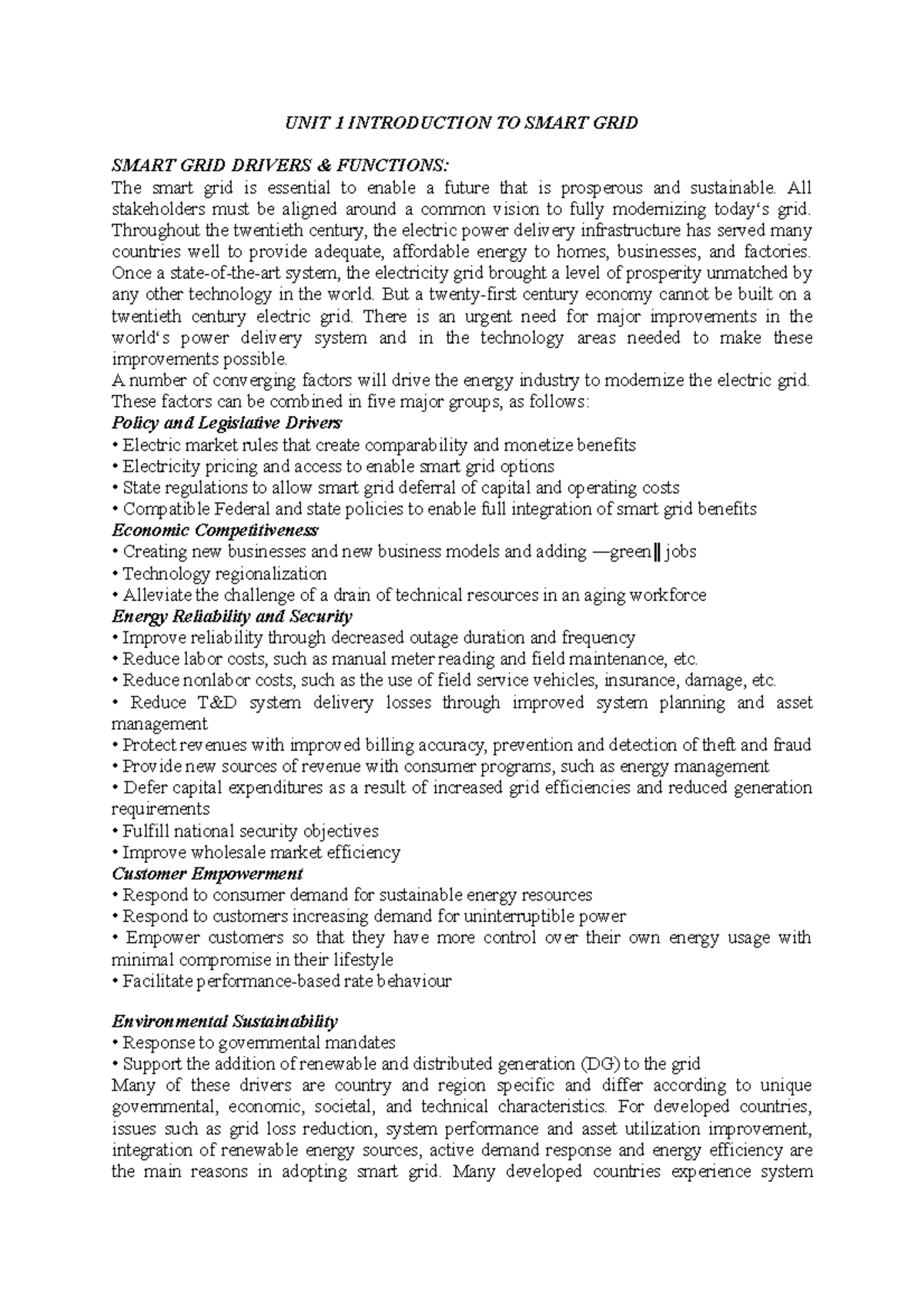 76956 - notes - UNIT 1 INTRODUCTION TO SMART GRID SMART GRID DRIVERS ...