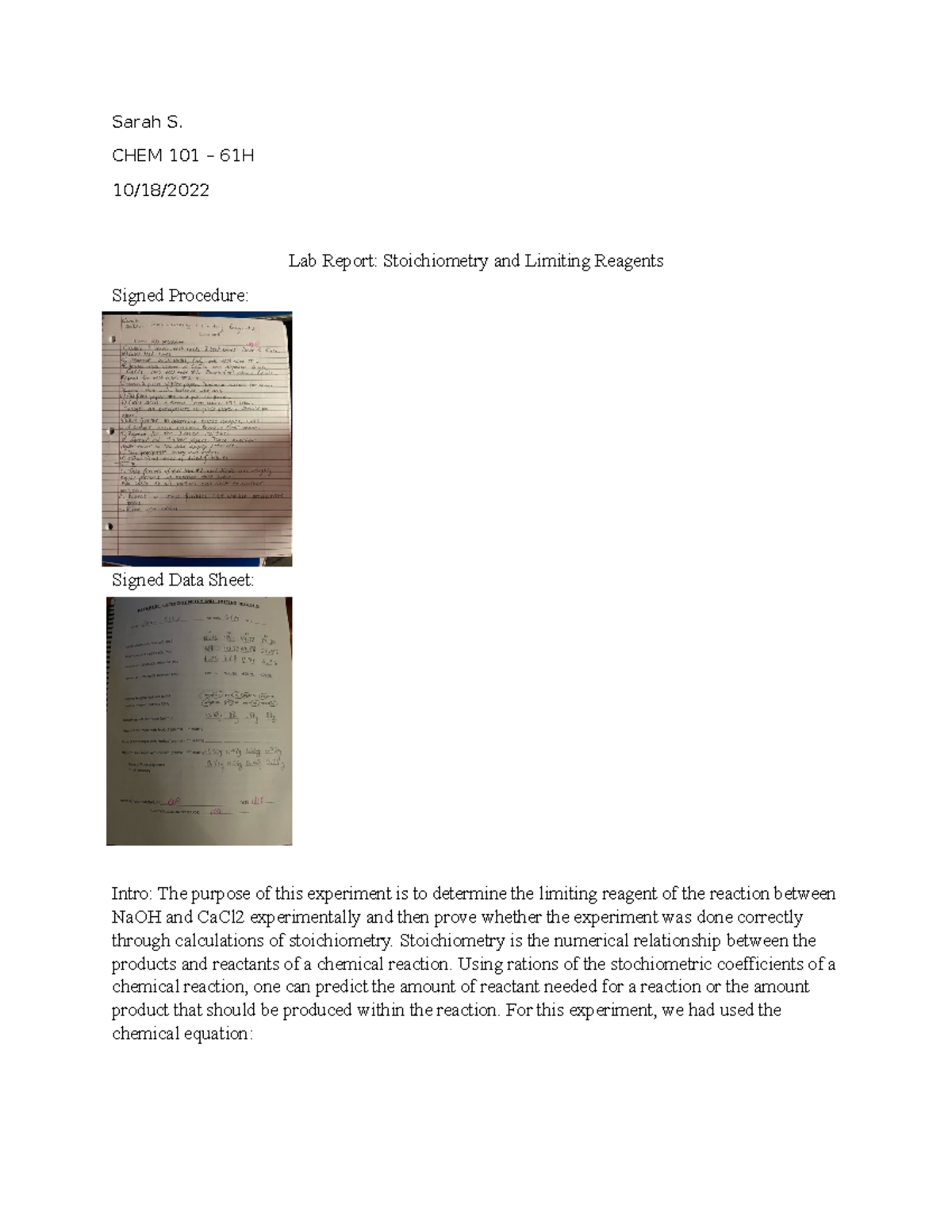 Chem Lab Report 4 - Sarah S. CHEM 101 – 61H 10/18/ Lab Report ...