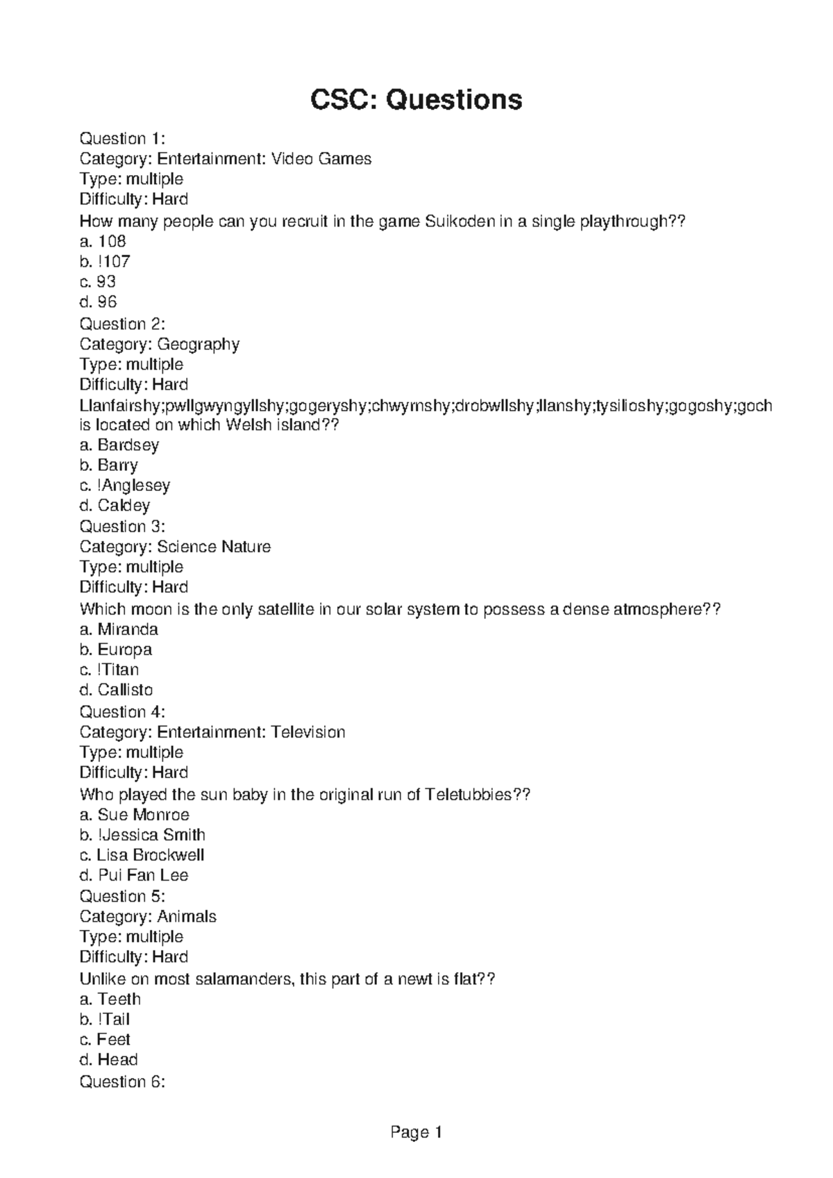 CSC106 Week 3 - CSC: Questions Question 1: Category: Entertainment ...