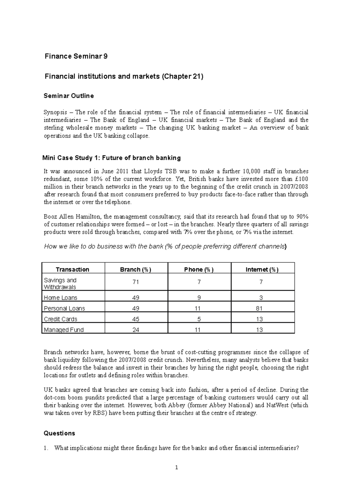 Finance Seminar 9 - Copy - Finance Seminar 9 Financial institutions and ...
