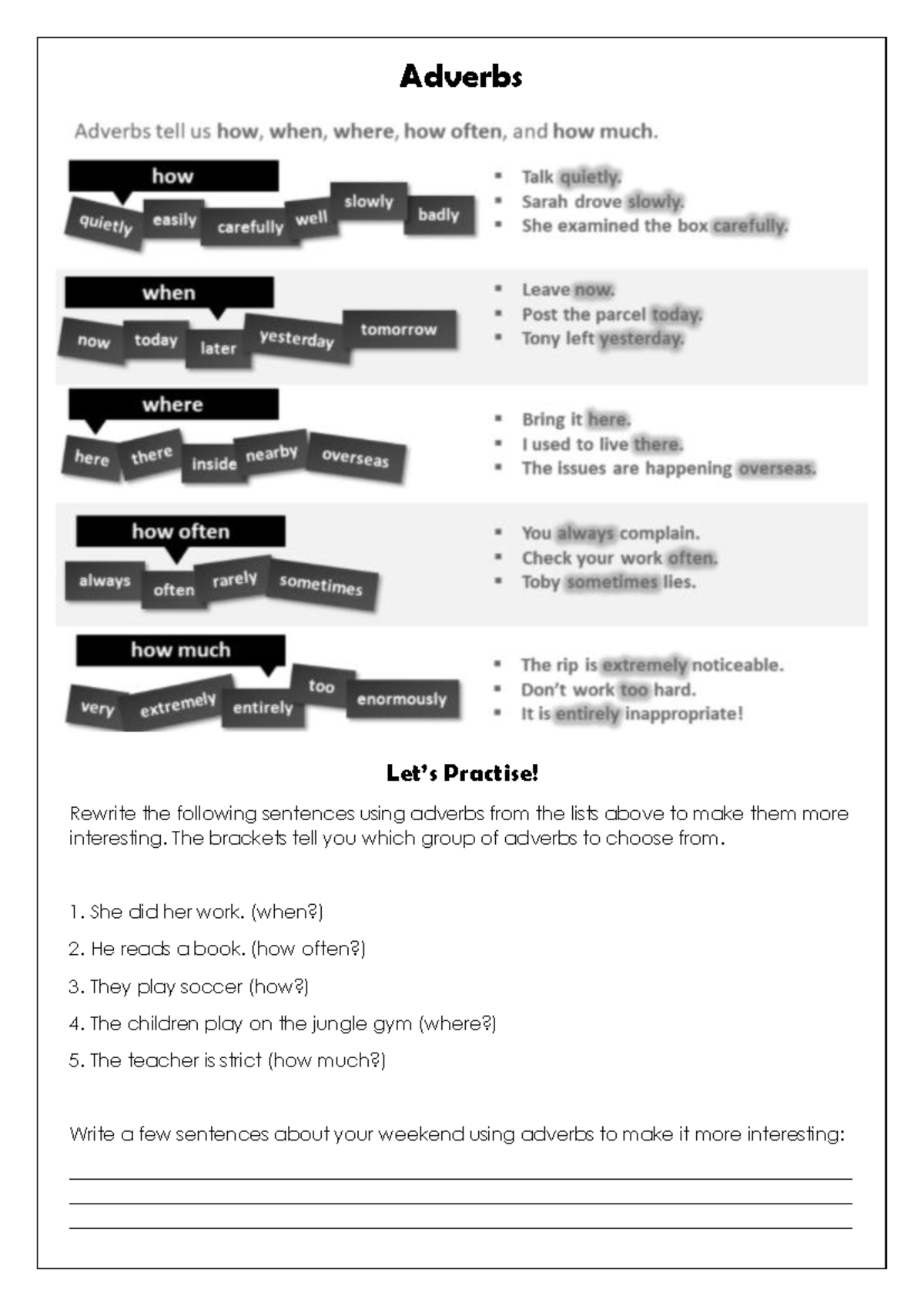 Adverbs worksheet - Adverbs Let’s Practise! Rewrite the following ...