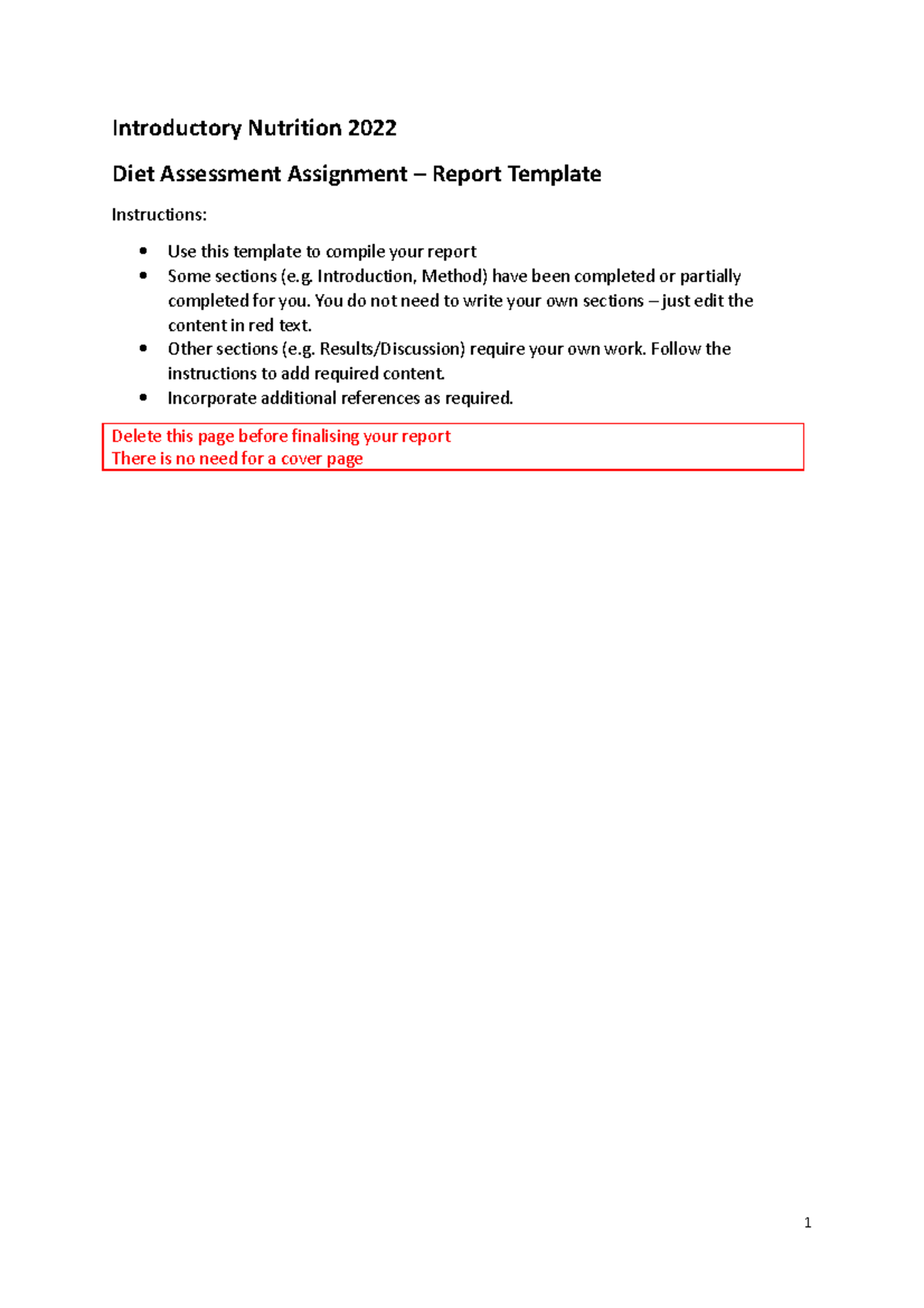 Diet Assessment assignment - Introductory Nutrition 2022 Diet ...
