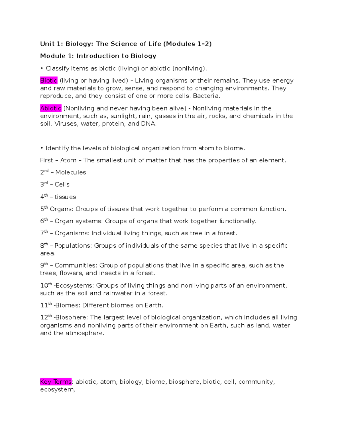 C190 study guide - Unit 1: Biology: The Science of Life (Modules 1–2) Module 1: Introduction to ...