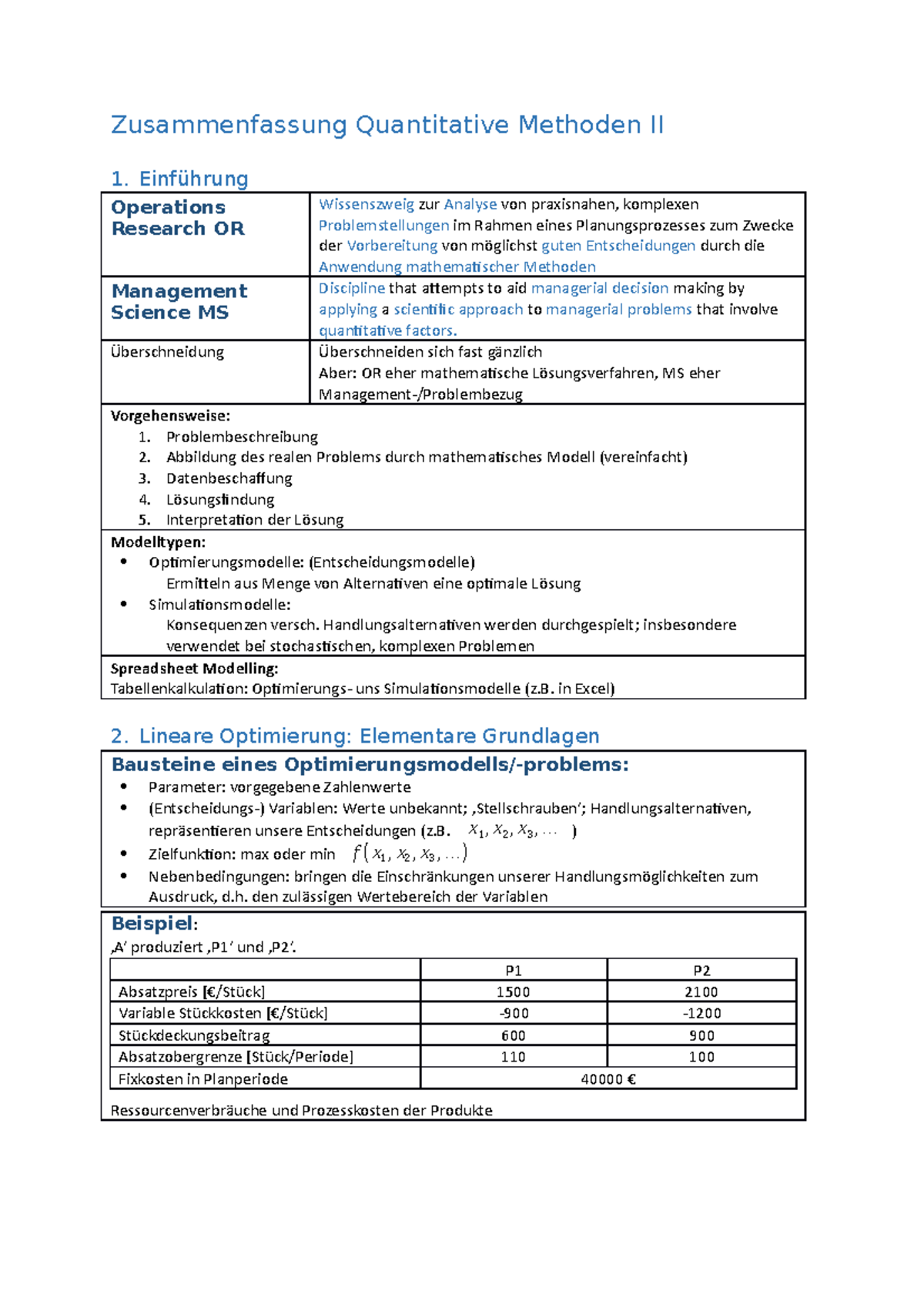 2 Zusammenfassung Quantitative Methoden 2017 - Operations Research OR ...
