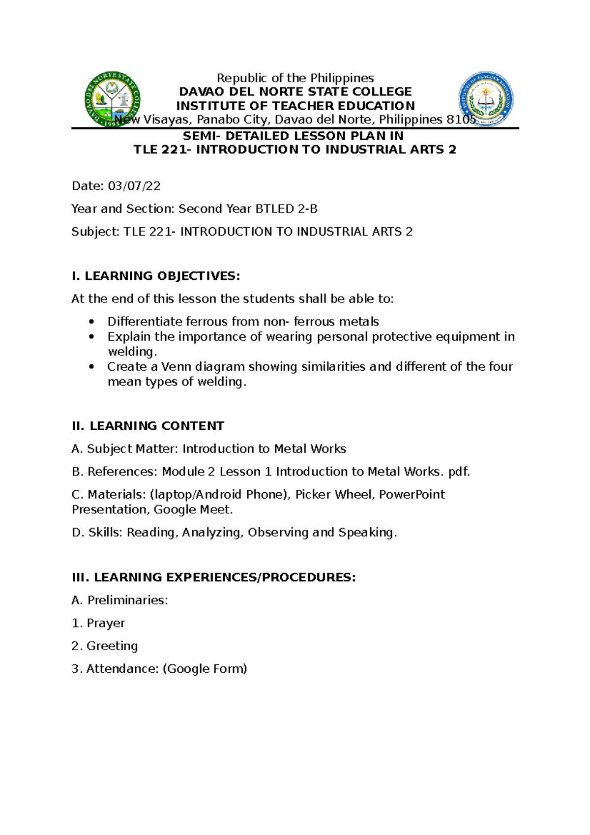 SEMI- Detailed Lesson PLAN - Republic of the Philippines DAVAO DEL ...
