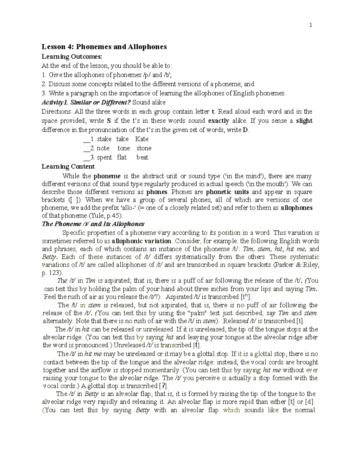 EPM Lesson 4 Phonemes Allophones Word - Lesson 4: Phonemes and ...