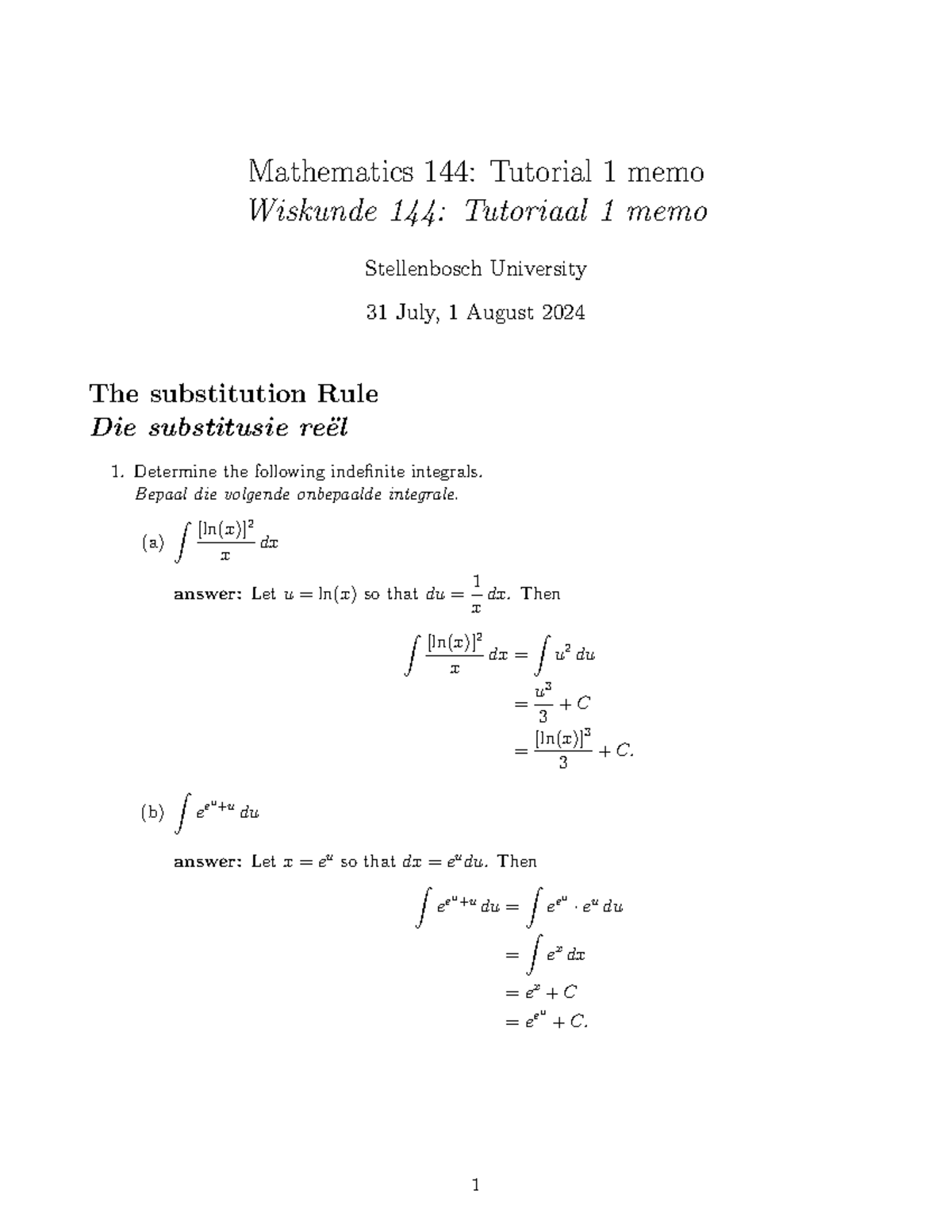 Maths 144 Tutorial 1 Memo - Mathematics 144: Tutorial 1 memo Wiskunde 144: Tutoriaal 1 memo ...