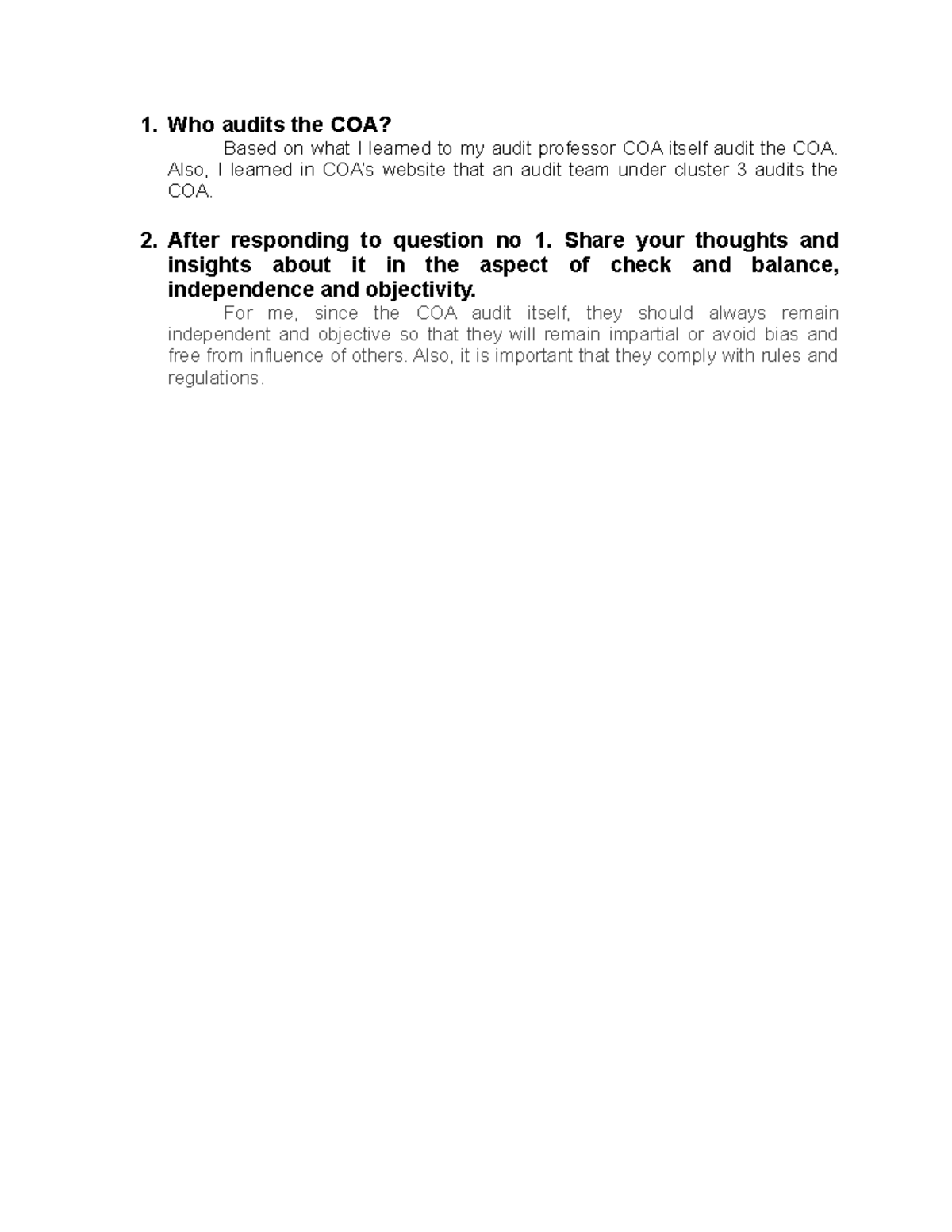 Regalado-Assignment 1 - 1. Who audits the COA? Based on what I learned ...