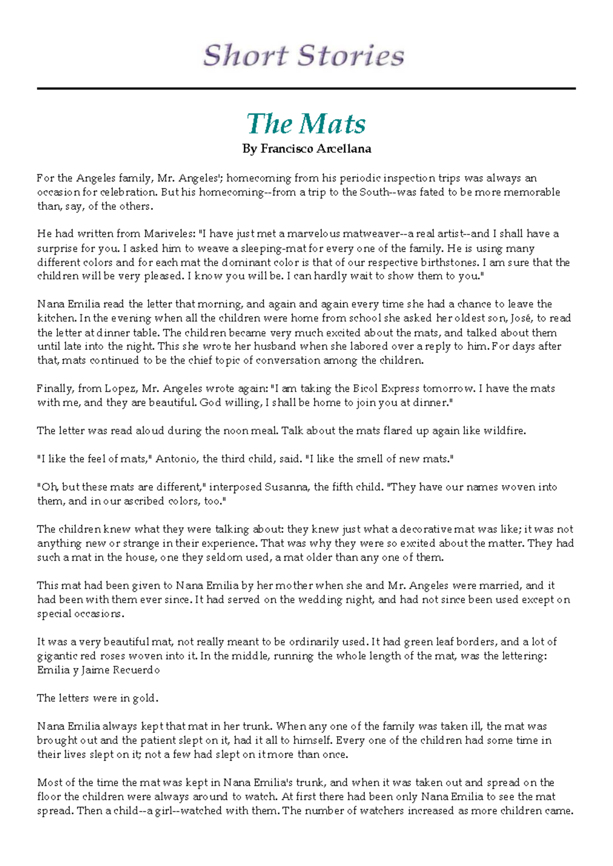 Lit-2 -The-Mats - Story of The Mats by Francisco Arcellana. - The Mats ...