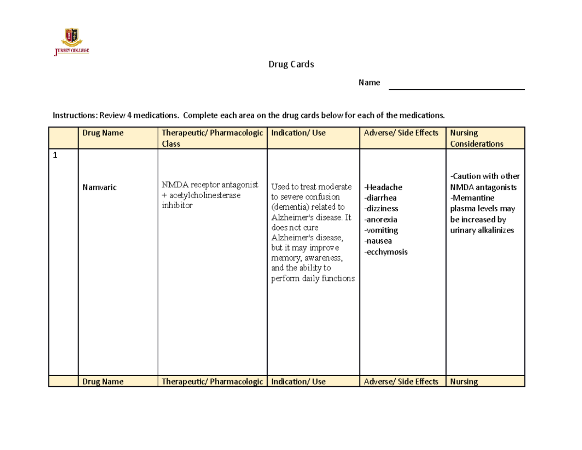 Pysch Drug Cards for course - Drug Cards Name Instructions: Review 4 ...