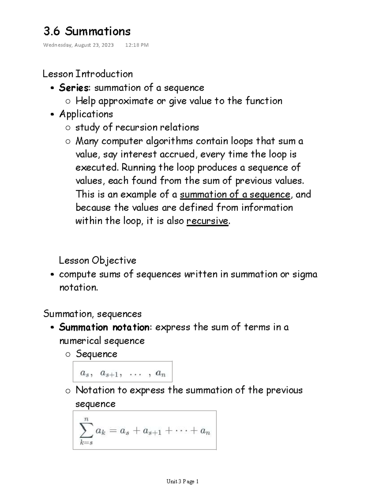 3 6 summation notes - Lesson Introduction Series: summation of a ...