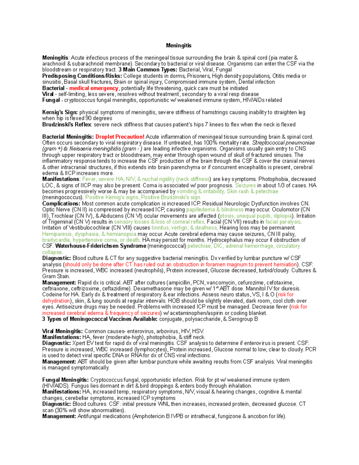 Meningitis - Lecture notes Neuro - Meningitis Meningitis : Acute ...