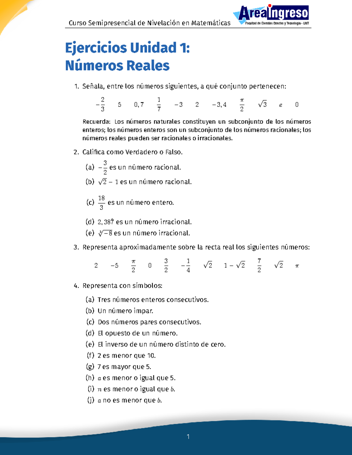 Ejercicios numeros reales - Ejercicios Unidad 1: Números Reales Señala ...