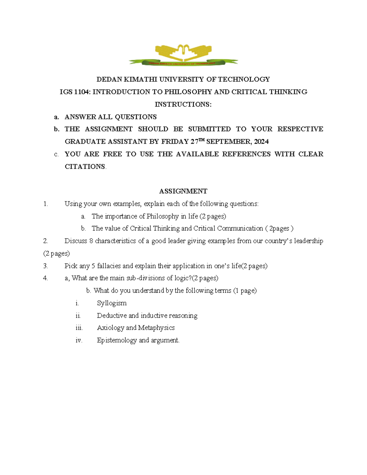 IGS 1104 Assignment - DEDAN KIMATHI UNIVERSITY OF TECHNOLOGY IGS 1104: INTRODUCTION TO ...