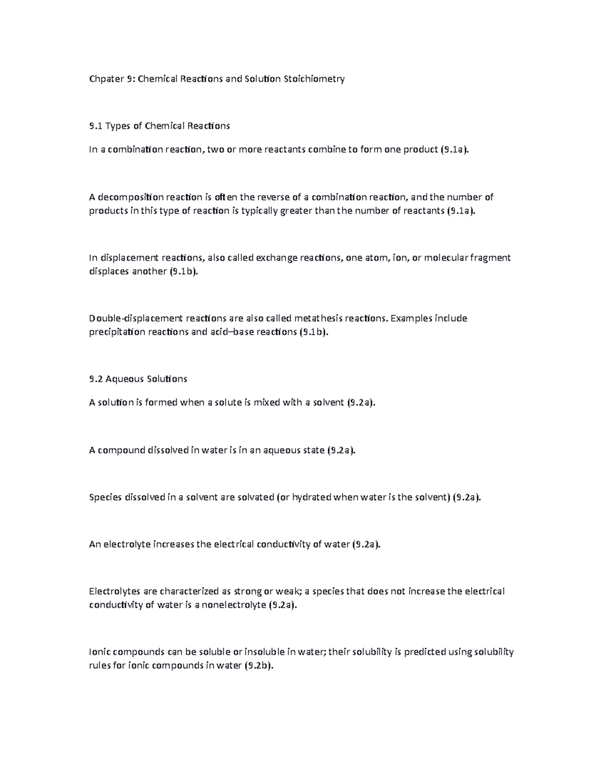 General Chemistry I notes - Chpater 9: Chemical Reactions and Solution ...