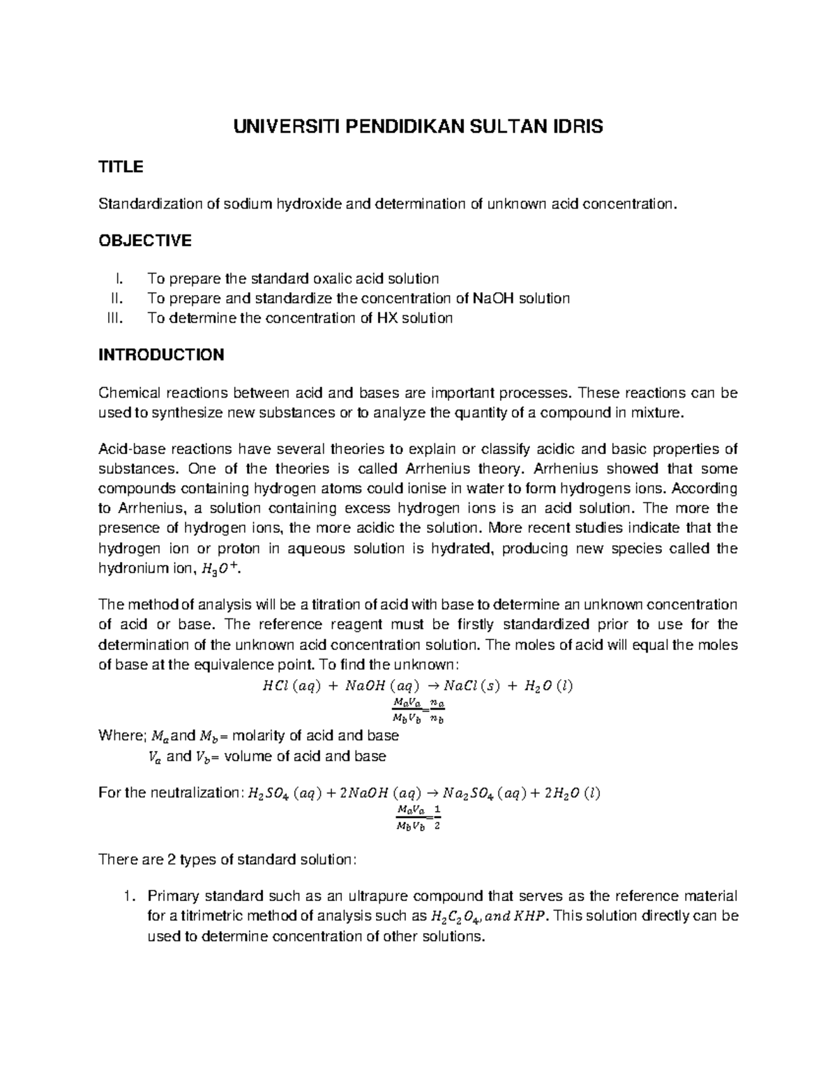 LAB REPORT EXPERIMENT ANALYTIC CHEMISTRY - UNIVERSITI PENDIDIKAN SULTAN ...