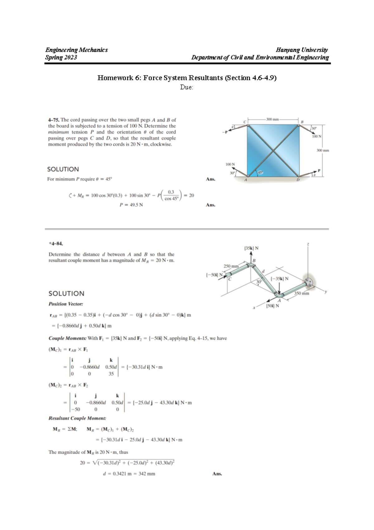 HW6 Solution - 답지이요 천쟈대세요 - 정역학 pytel 4판 - Engineering Mechanics Hanyang University Spring 2023 ...