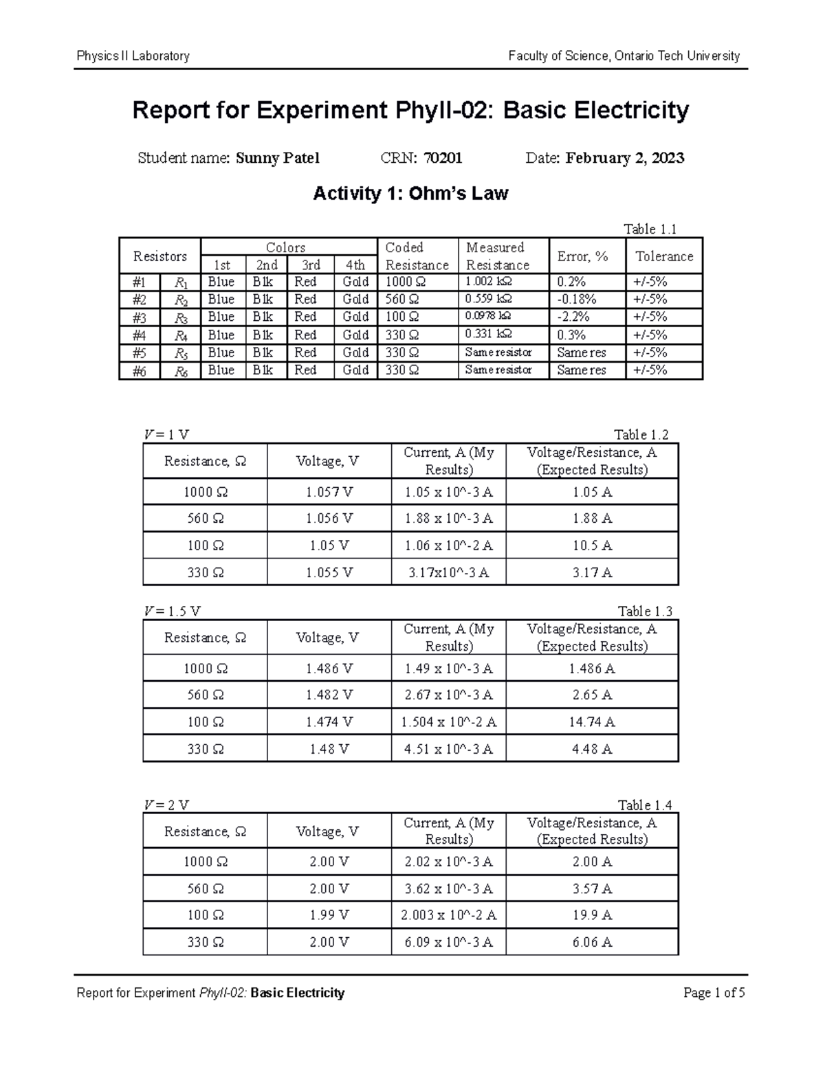 Report Basic Electricity #2 - Sunny Patel - Report for Experiment PhyII-02: Basic Electricity ...